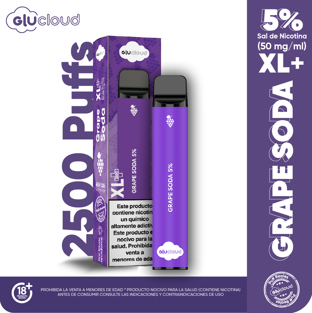 VAPEADOR DESECHABLE GLUCLOUD XL 2500 PUFF GRAPE SODA - Tu Licorera Online